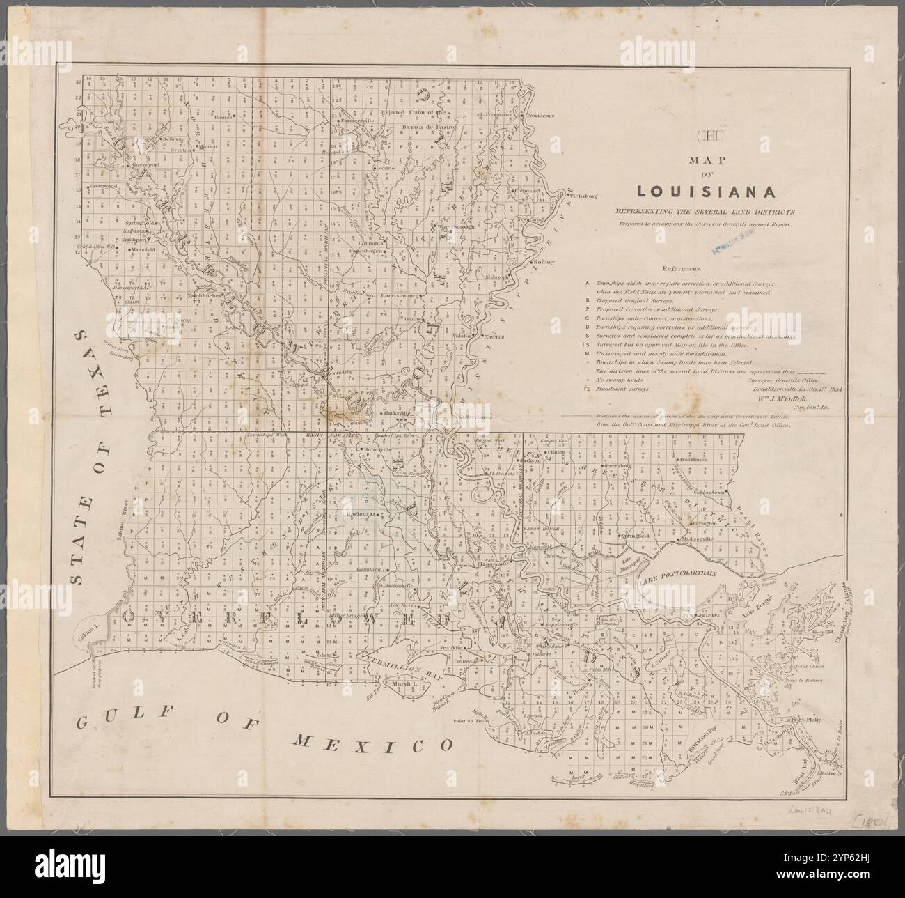 Map of Louisiana : representing the several land districts 1854 Stock ...