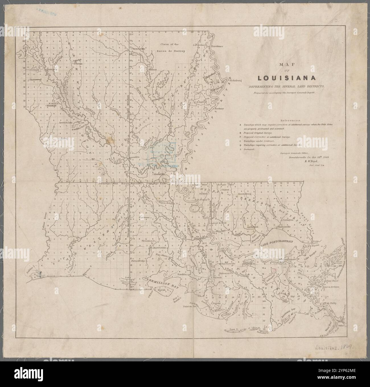 Map of Louisiana : representing the several land districts 1849 Stock ...