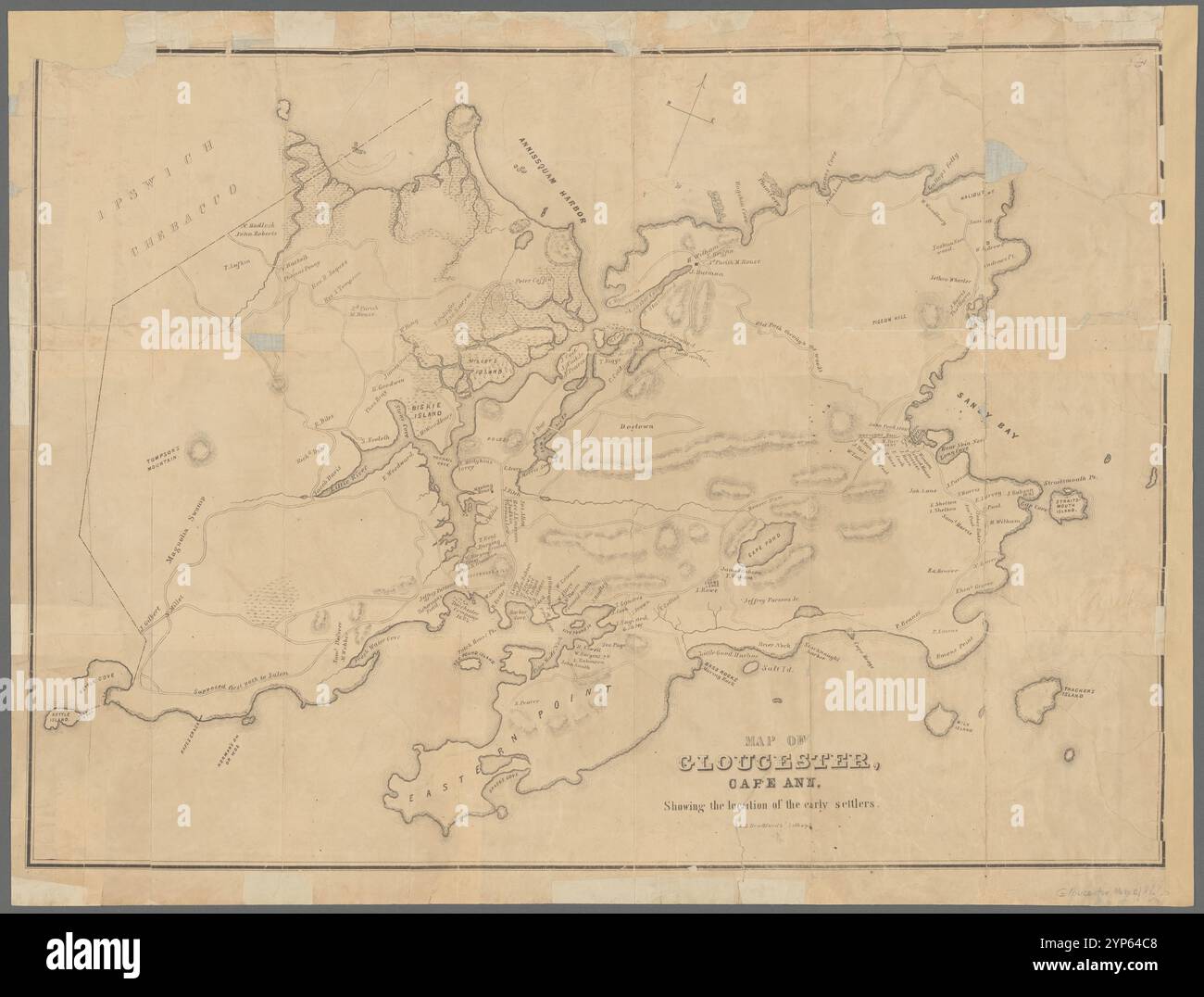 Map of Gloucester, Cape Ann: showing the location of the early settlers ...
