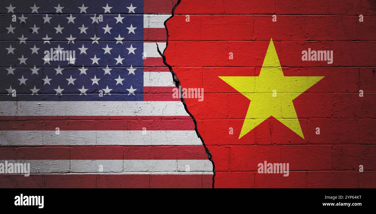 Cracked cinder block wall painted with a American flag on the left and ...