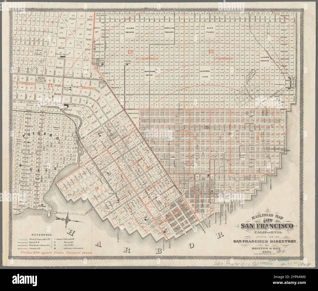 Railroad map of the City of San Francisco, California 1868 Stock Photo ...