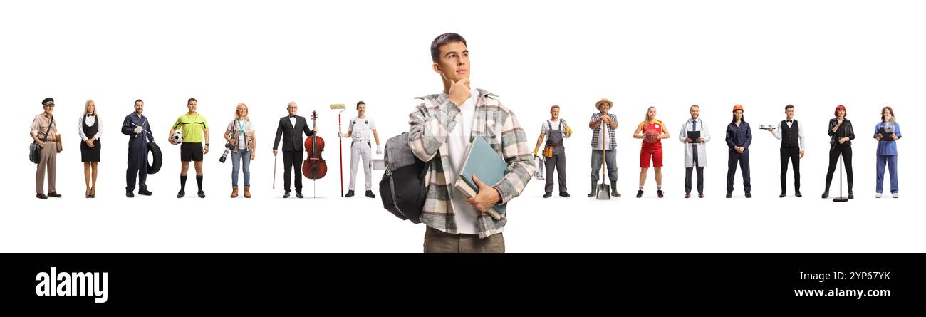 Male student thinking in front of people with different jobs, making a ...