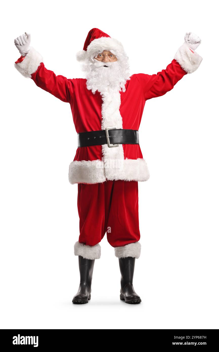 Santa Claus gesturing happiness with arms up isolated on white ...