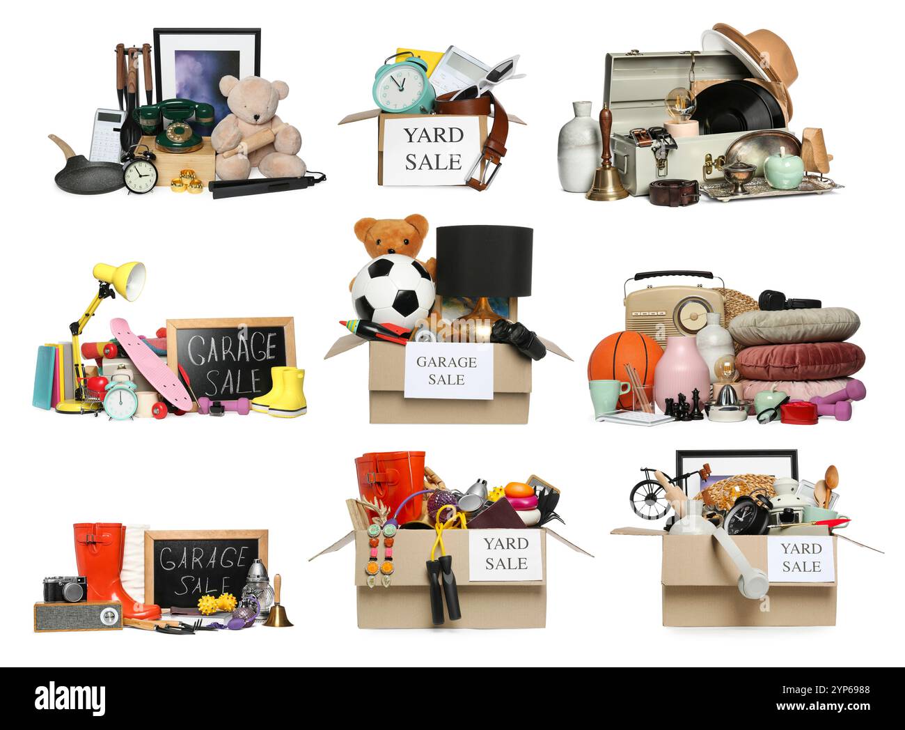 Garage or yard sale. Different stuff isolated on white, set Stock Photo ...