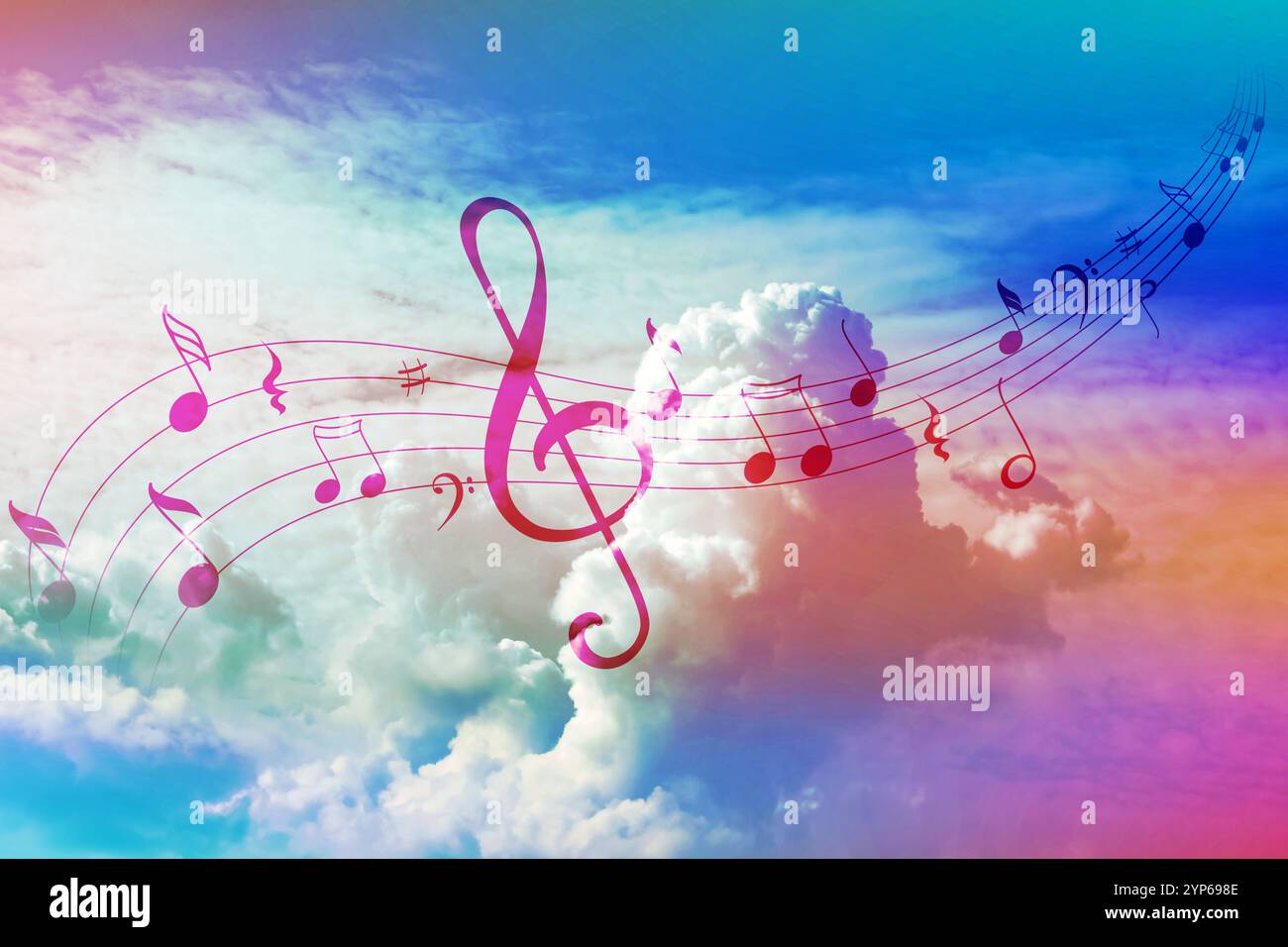 Musical symbols in beautiful sky with clouds, color toned Stock Photo ...