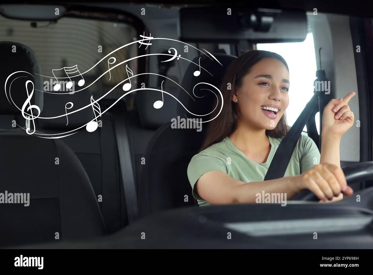 Beautiful woman singing in car, view through windshield. Music notes ...