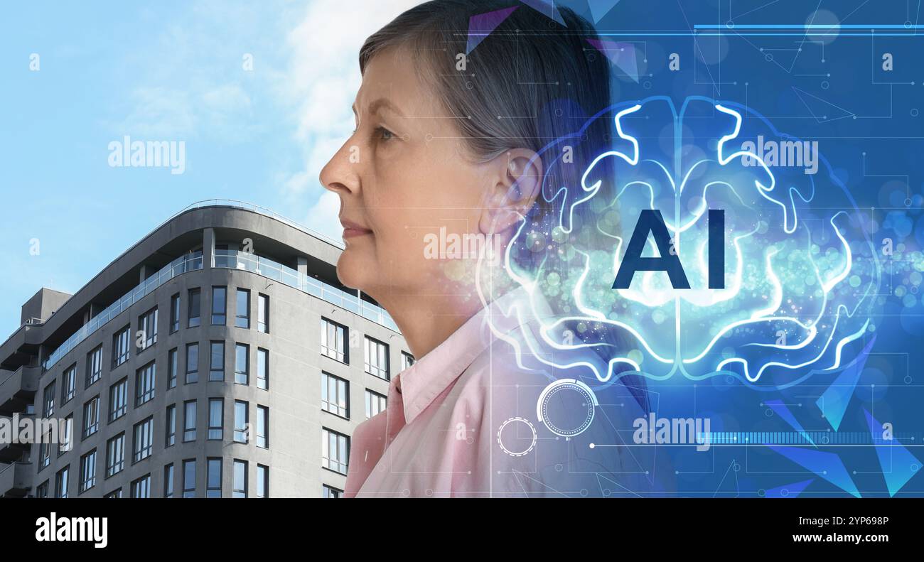 Artificial intelligence. Multiple exposure of mature woman, brain and ...