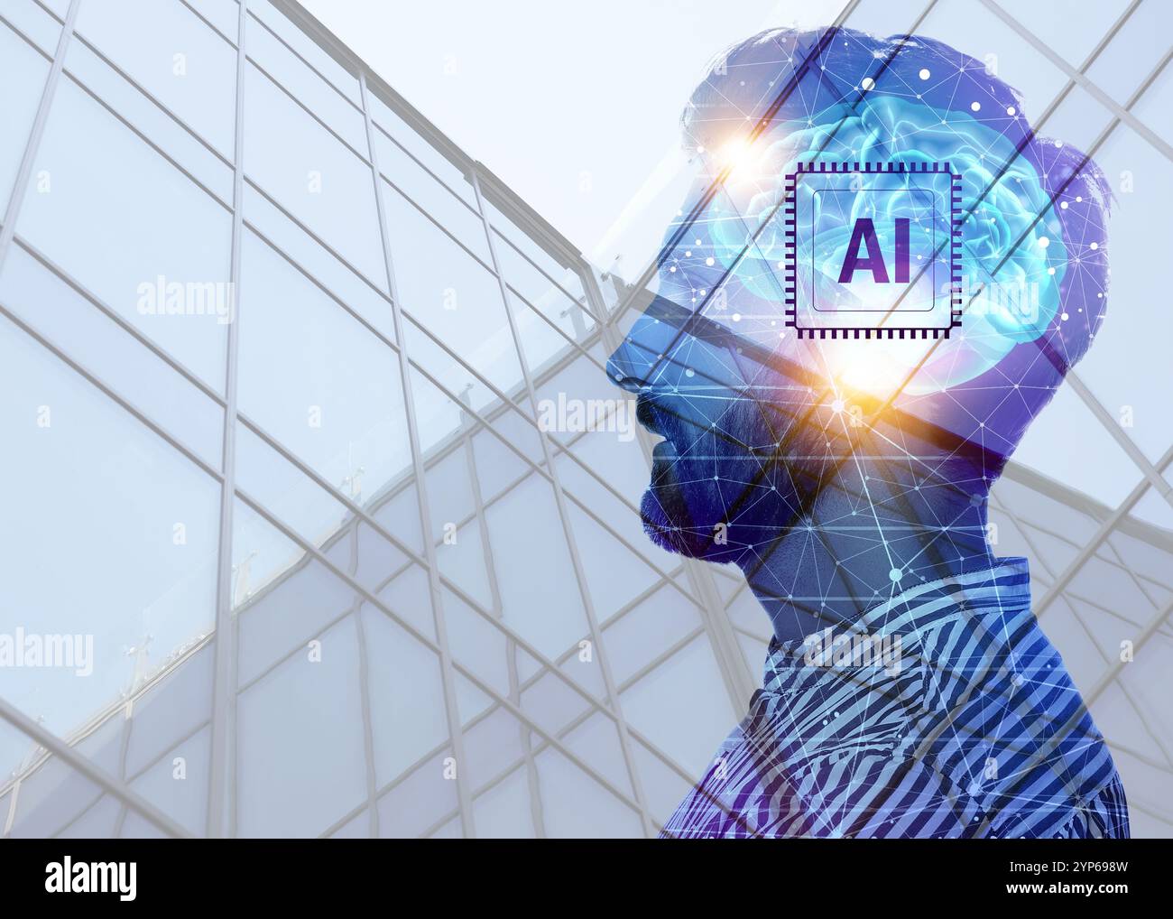 Artificial intelligence. Multiple exposure of man, brain and building ...