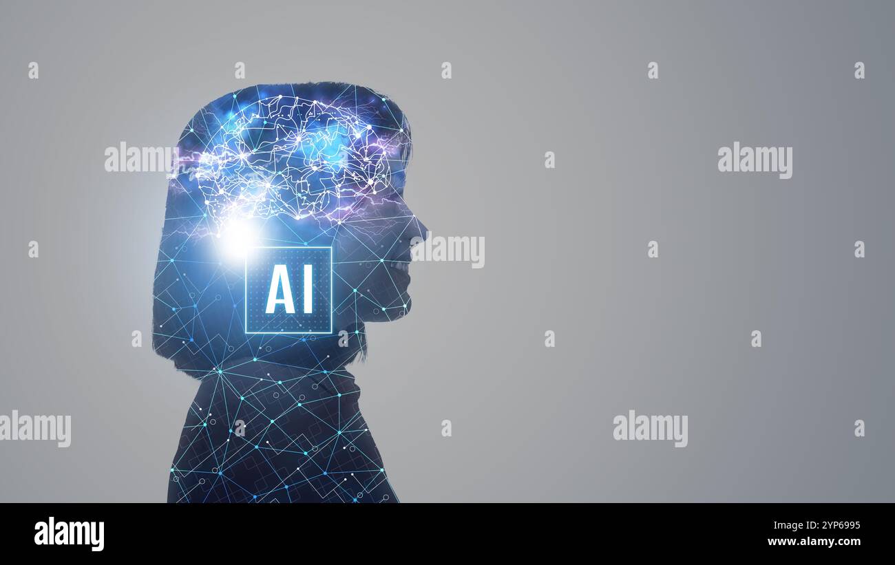 Artificial intelligence. Double exposure of woman and scheme with brain ...