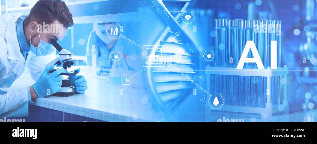 Artificial intelligence in medicine. Laboratory worker, scheme with ...