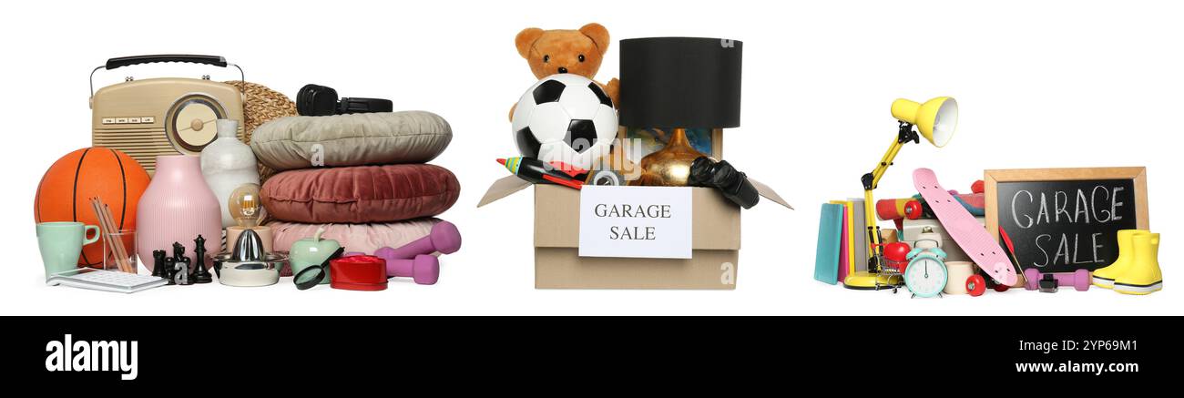 Garage sale. Different stuff isolated on white, set Stock Photo - Alamy