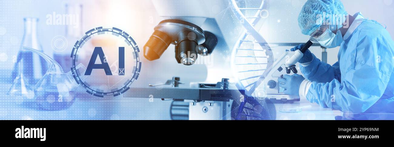 Artificial intelligence in medicine. Laboratory worker, microscope ...