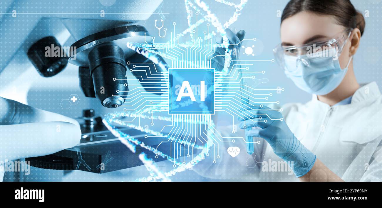 Artificial intelligence in medicine. Laboratory worker, microscope, AI chip and illustration of ...