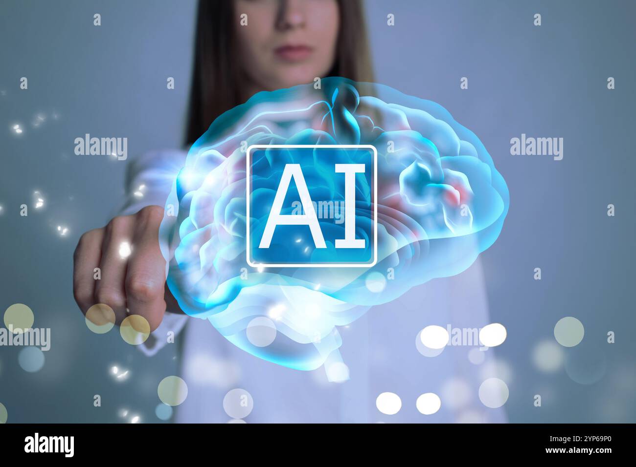 Artificial Intelligence Woman Touching Virtual Brain With Ai Abbreviation On Grey Background