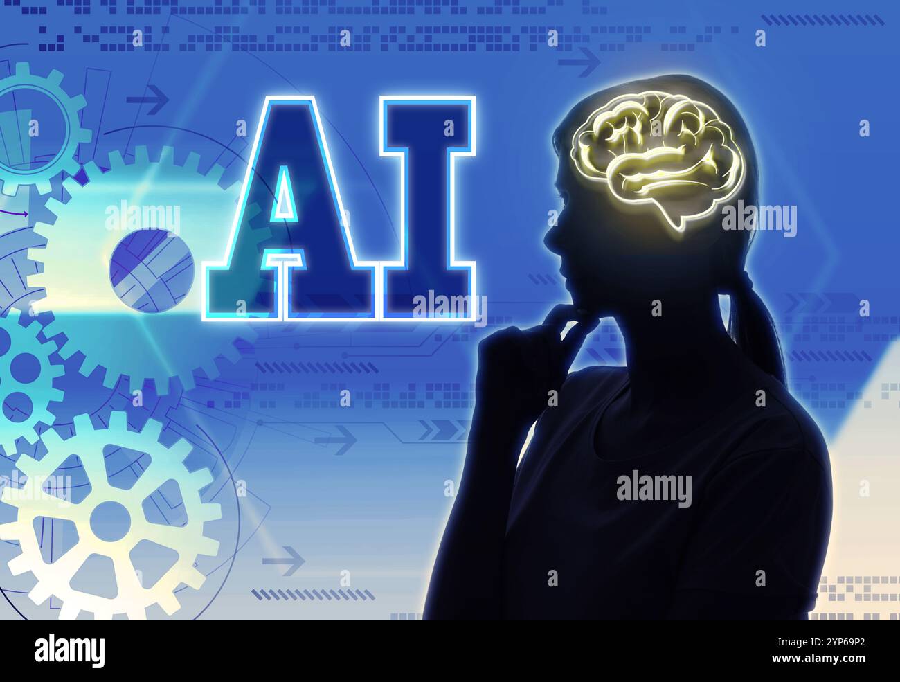 Artificial intelligence. Woman with illustration of glowing brain, AI ...