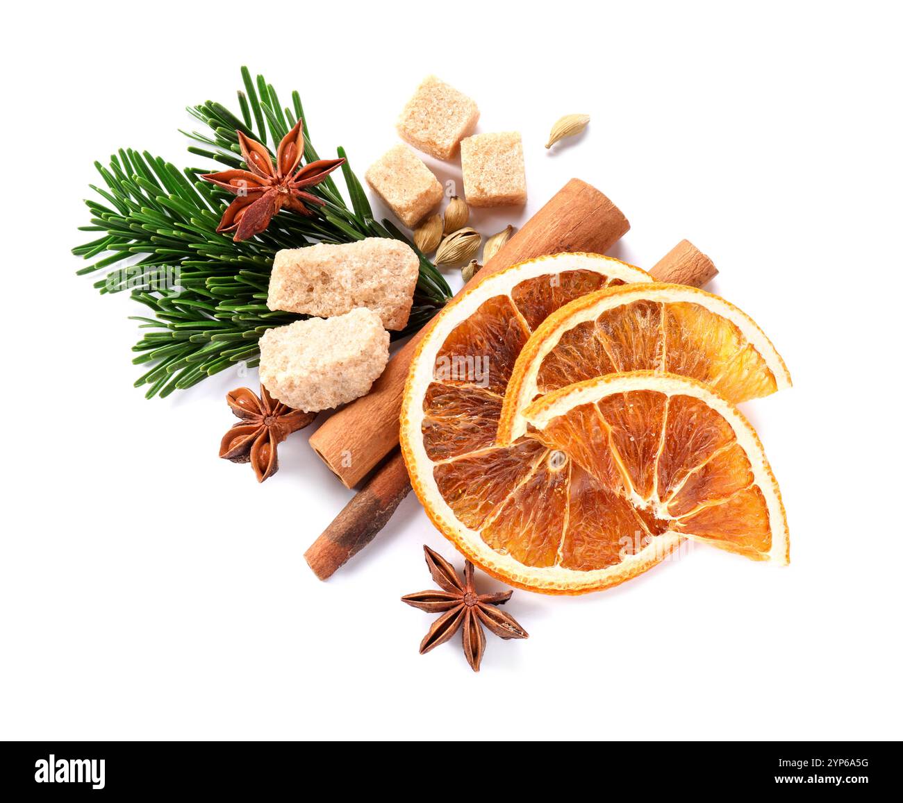 Different aromatic spices isolated on white, top view. Christmas season ...