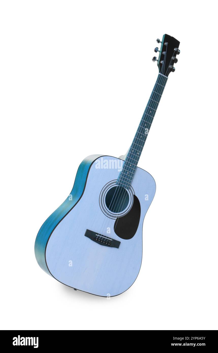 Light blue acoustic guitar on white background. Musical instrument ...
