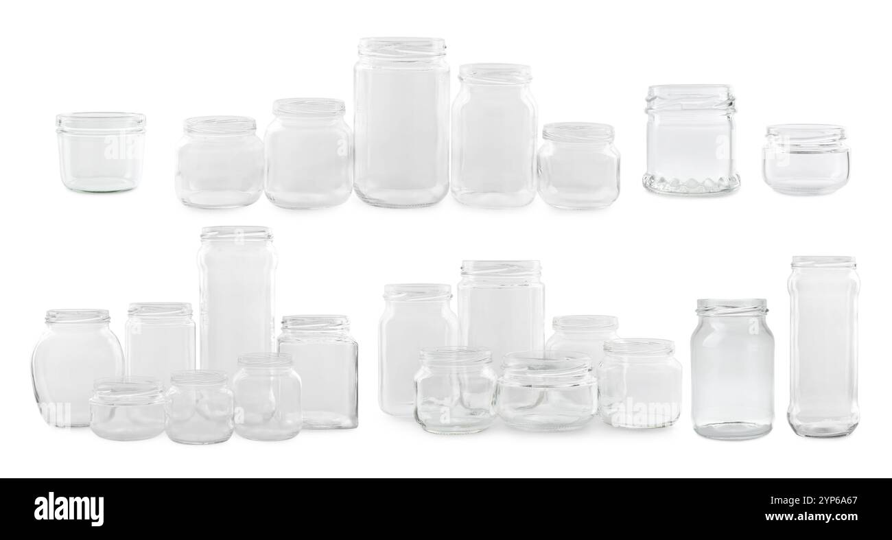 Set of many different glass jars isolated on white Stock Photo - Alamy