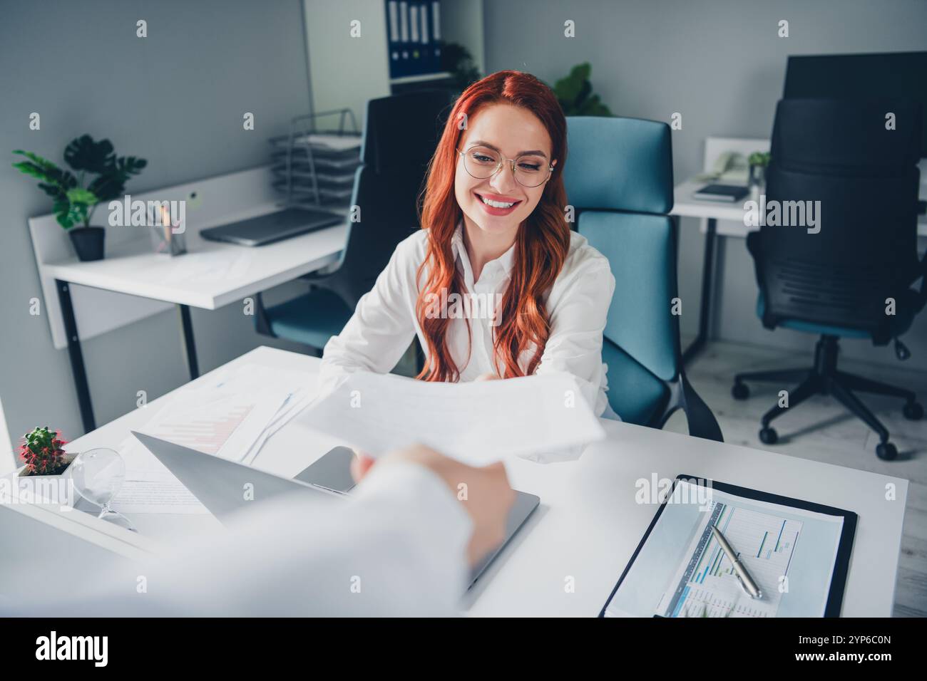 Photo of attractive young woman take documents papers sign secretary ...
