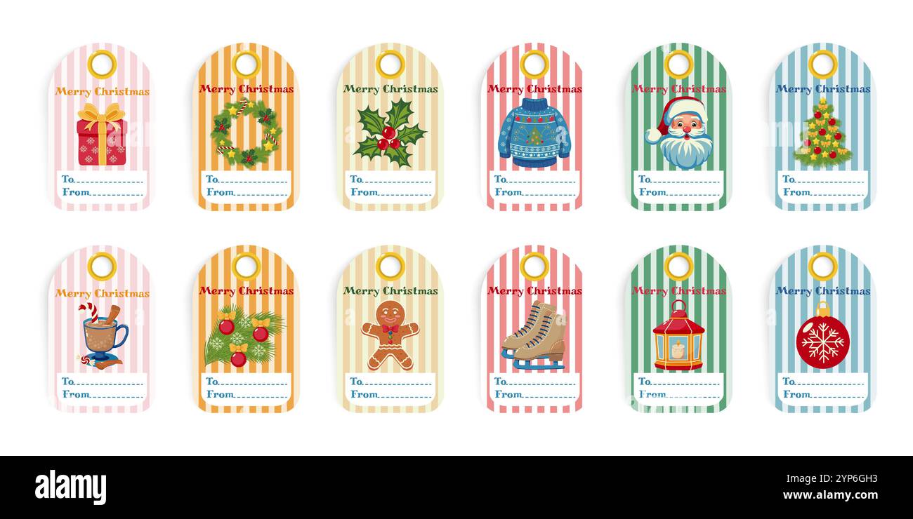 Set of 12 Christmas and New Year gift tags with festive illustration on ...