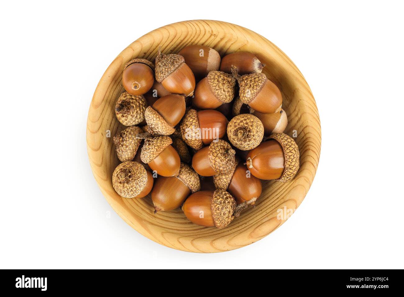 Brown acorn oak nut in wooden bowl isolated on white background. Top view. Flat lay Stock Photo ...