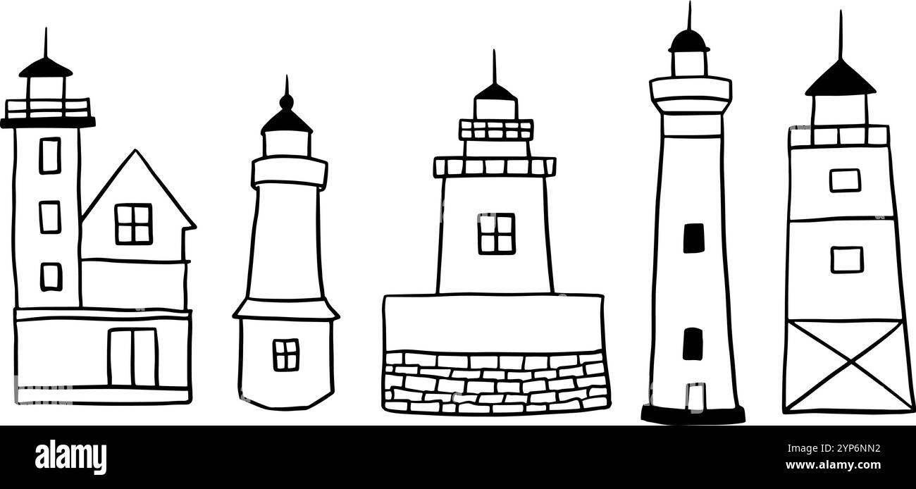 Lighthouse Hand-Drawn Set | Minimalist Doodle Vector for Nautical and ...
