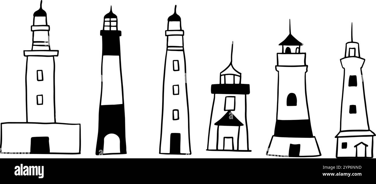 Lighthouse Hand-Drawn Set | Minimalist Doodle Vector for Nautical and ...