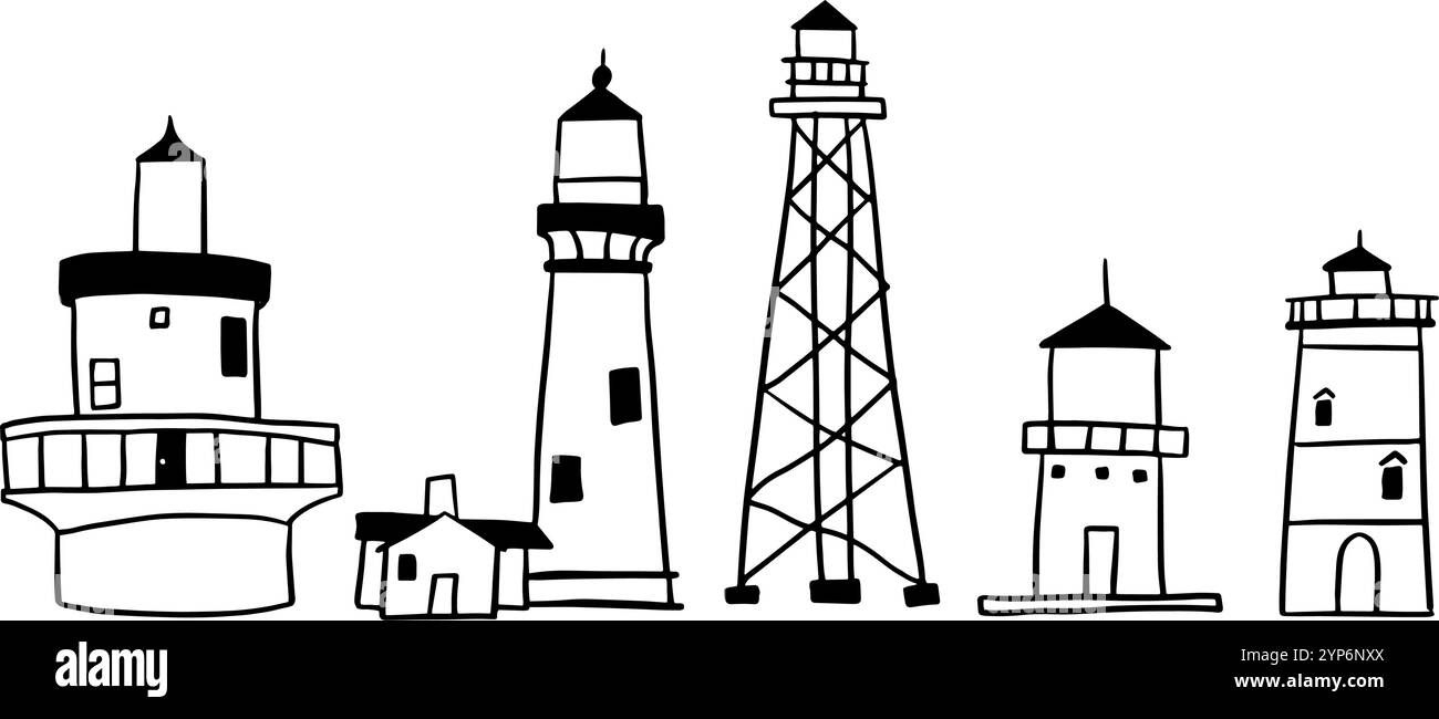 Lighthouse Hand-Drawn Set | Minimalist Doodle Vector for Nautical and ...