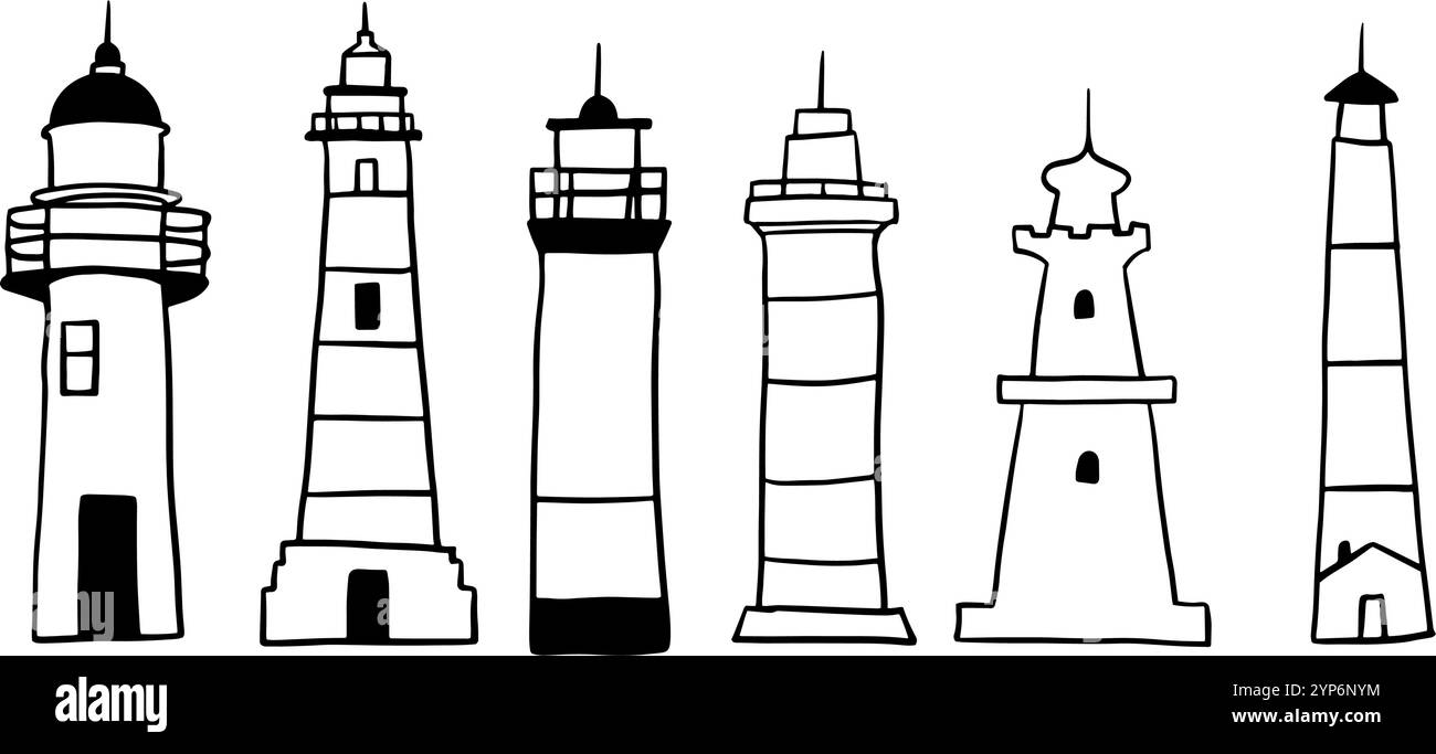 Lighthouse Hand-Drawn Set | Minimalist Doodle Vector for Nautical and ...