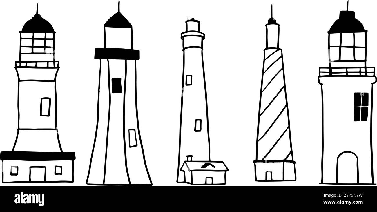 Lighthouse Hand-Drawn Set | Minimalist Doodle Vector for Nautical and ...