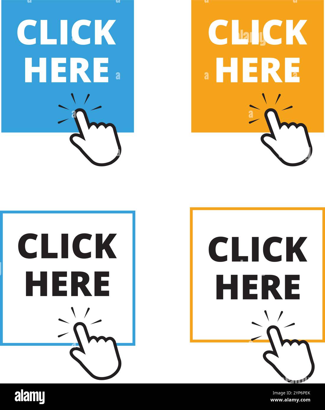 Blue and yellow square click here button with a hand clicking on a ...