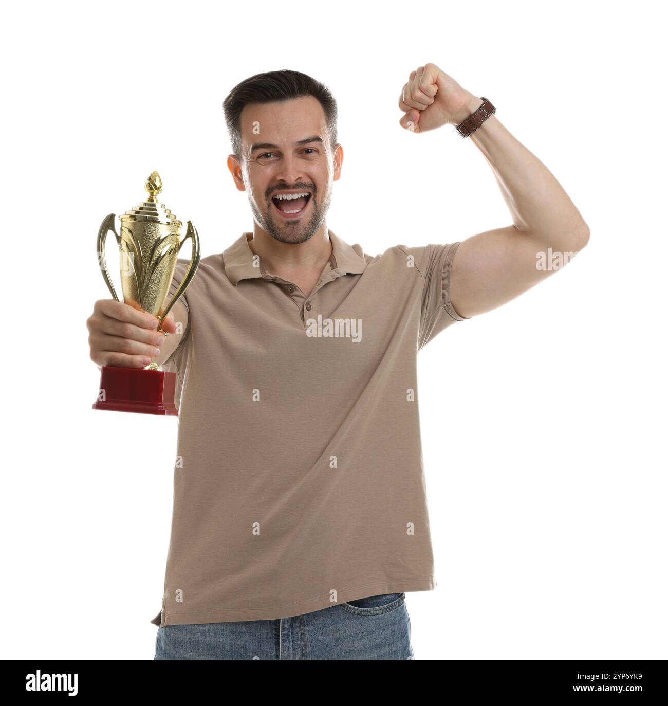 Happy winner with golden trophy cup on white background Stock Photo - Alamy