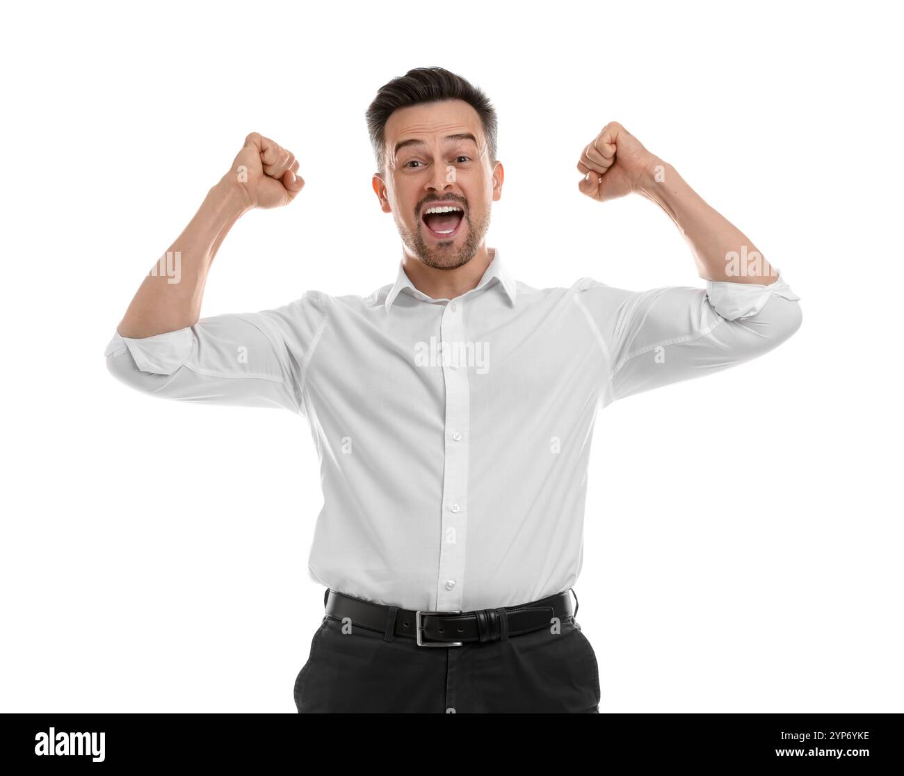 Portrait of happy winner on white background Stock Photo - Alamy