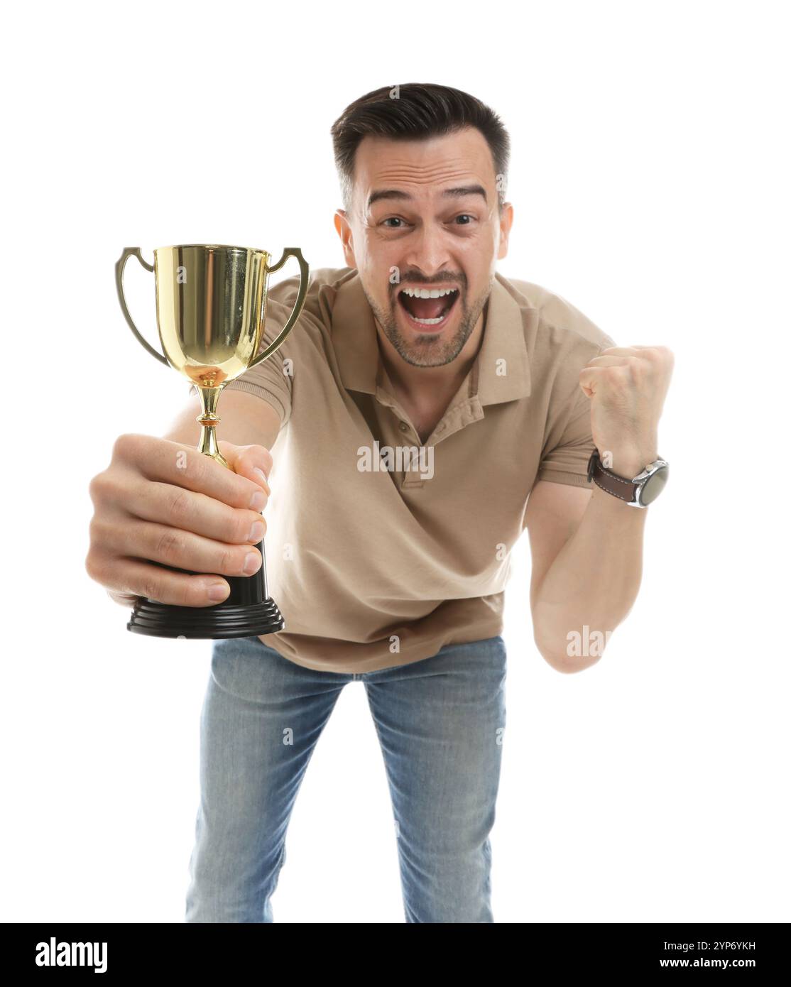 Happy winner with golden trophy cup on white background Stock Photo - Alamy