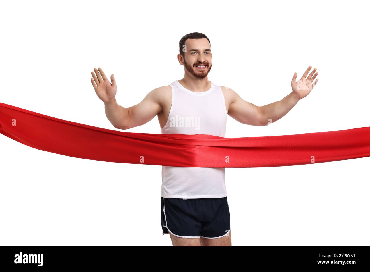 Handsome young man crossing red finish line on white background Stock ...