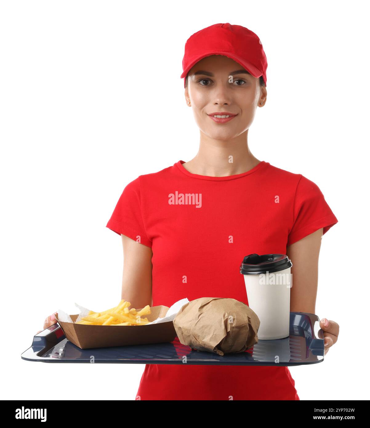 Fast-food worker holding tray with order on white background Stock ...