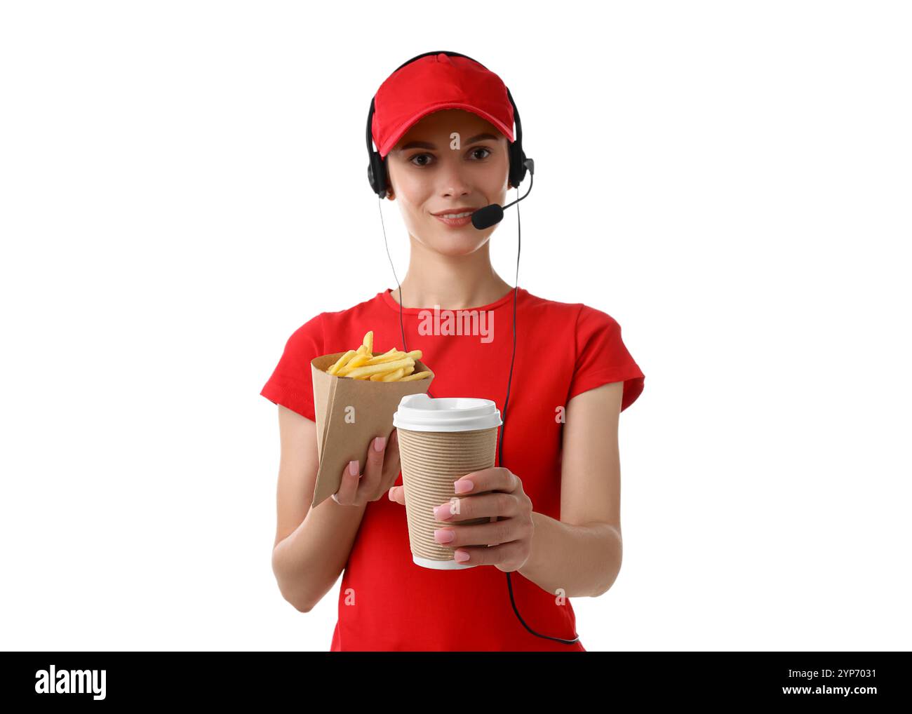 Fast-food worker with paper cup and fries on white background Stock ...