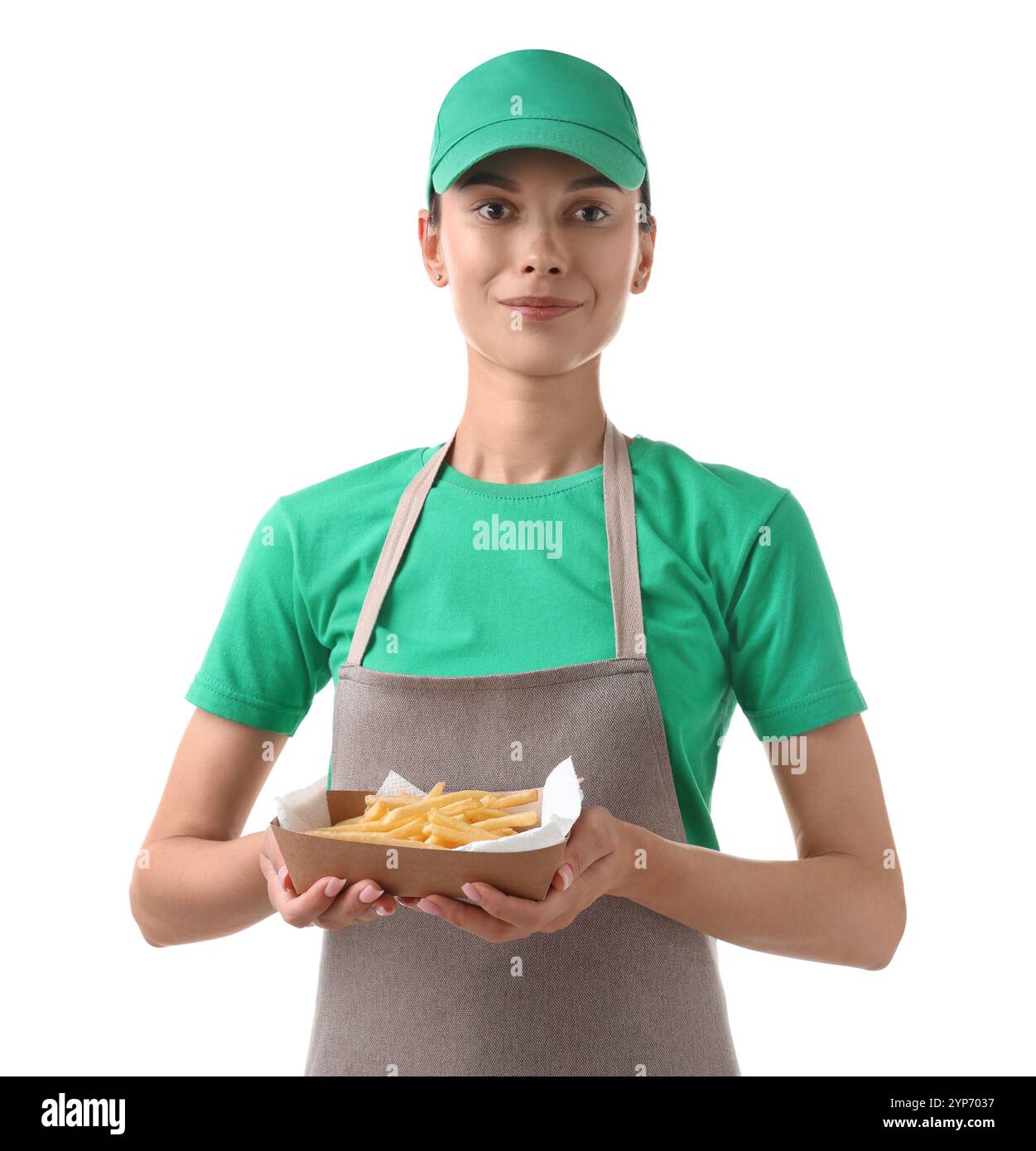 Fast-food worker holding paper container with fries on white background ...