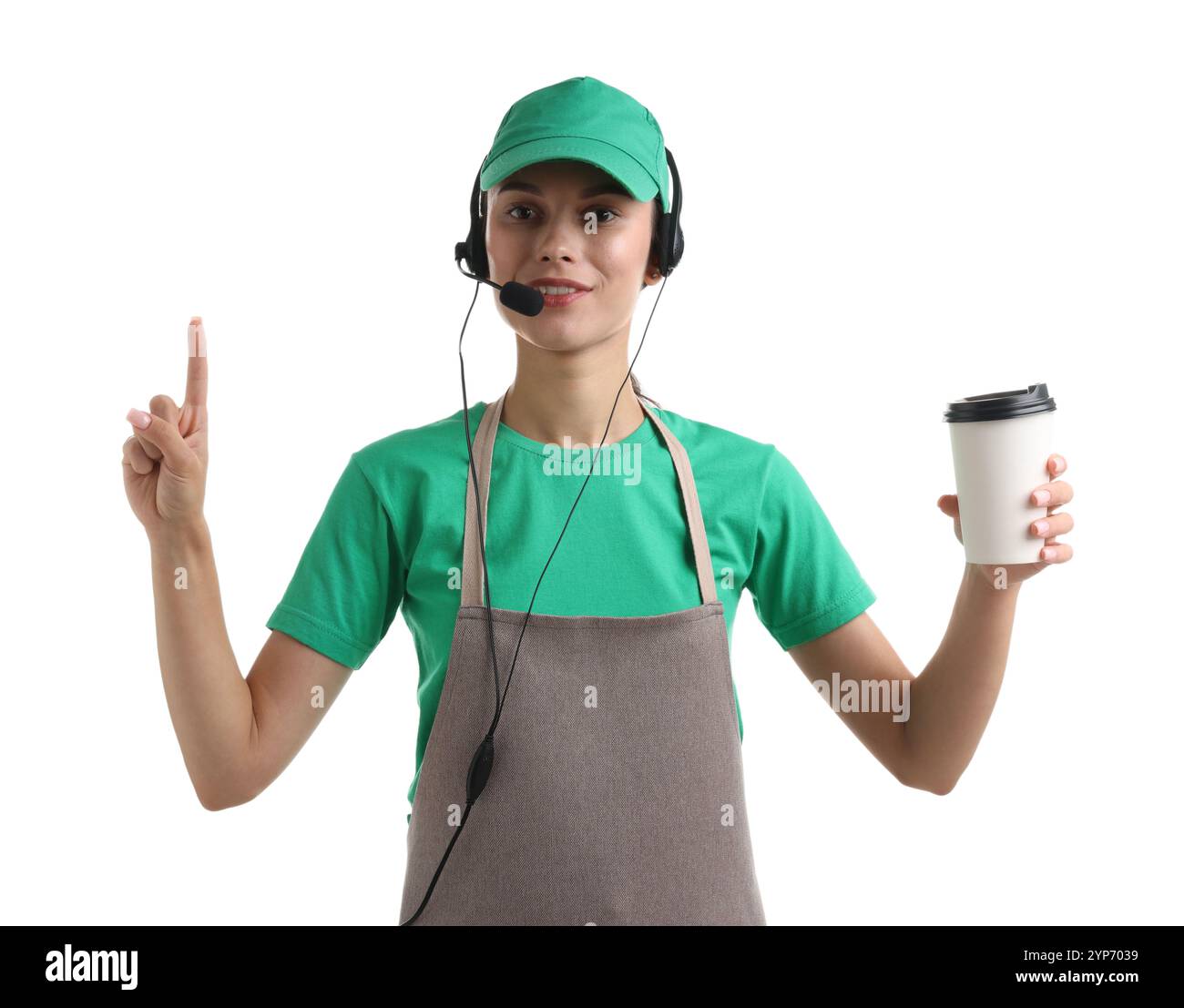 Fast-food worker with paper cup on white background Stock Photo - Alamy