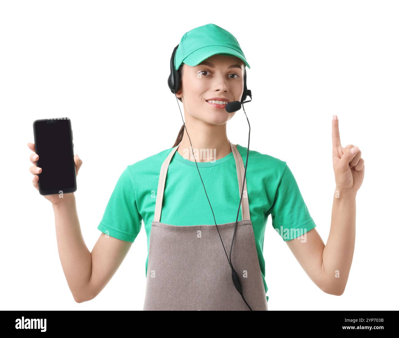 Fast-food worker with smartphone on white background Stock Photo - Alamy