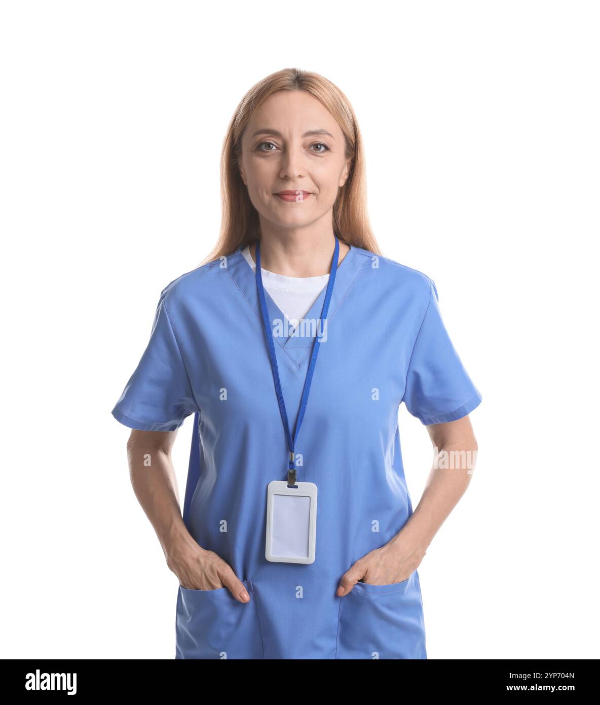 Portrait of doctor with badge on white background Stock Photo - Alamy
