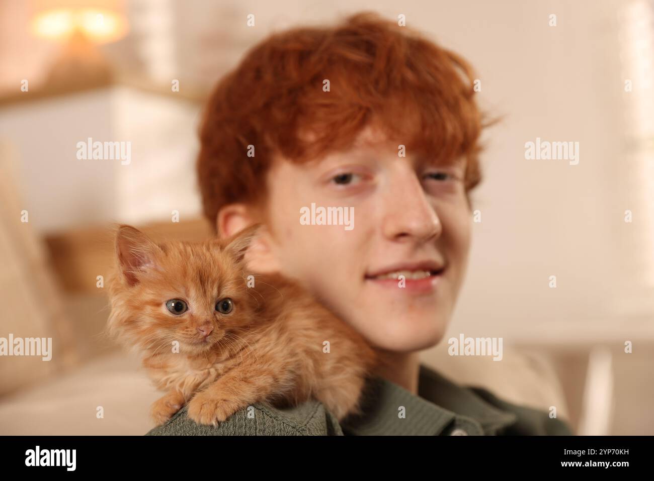 Redhead teenage boy with cute ginger kitten indoors, selective focus ...