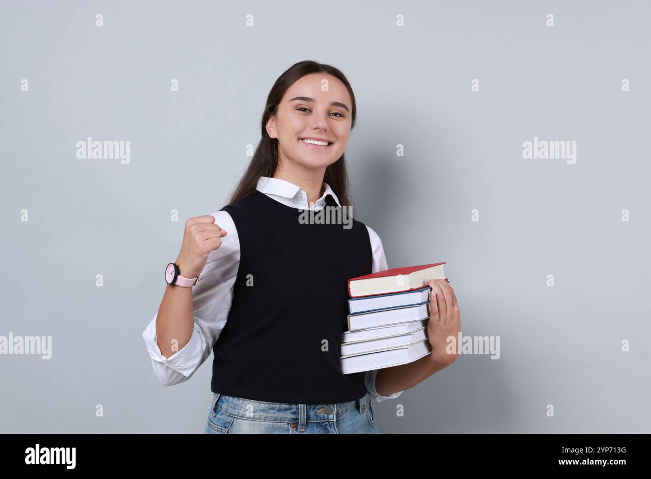 Lesson female studying test happy smile books hi-res stock photography ...