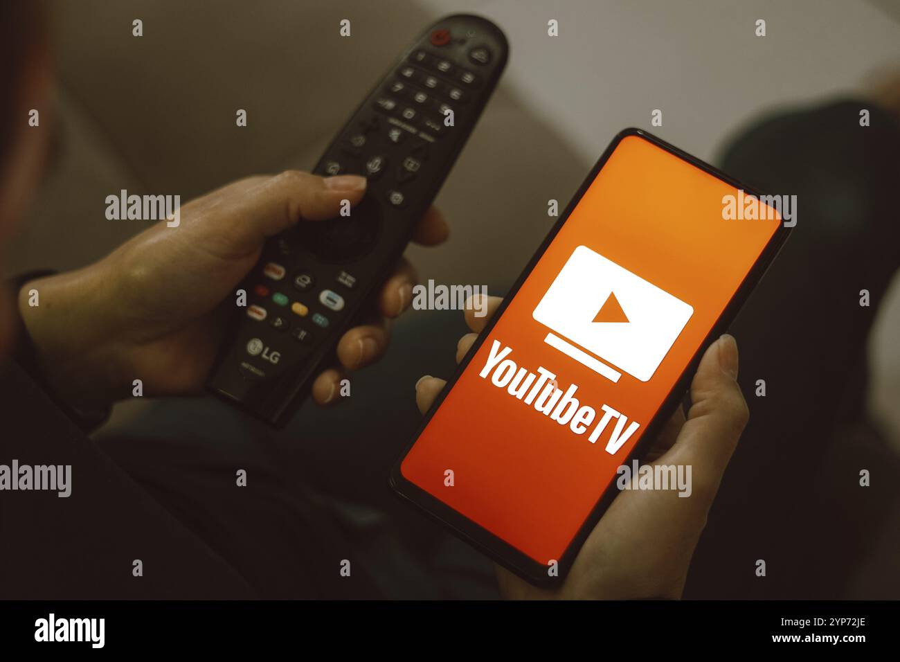 In this photo illustration, the YouTube TV logo seen displayed on a ...