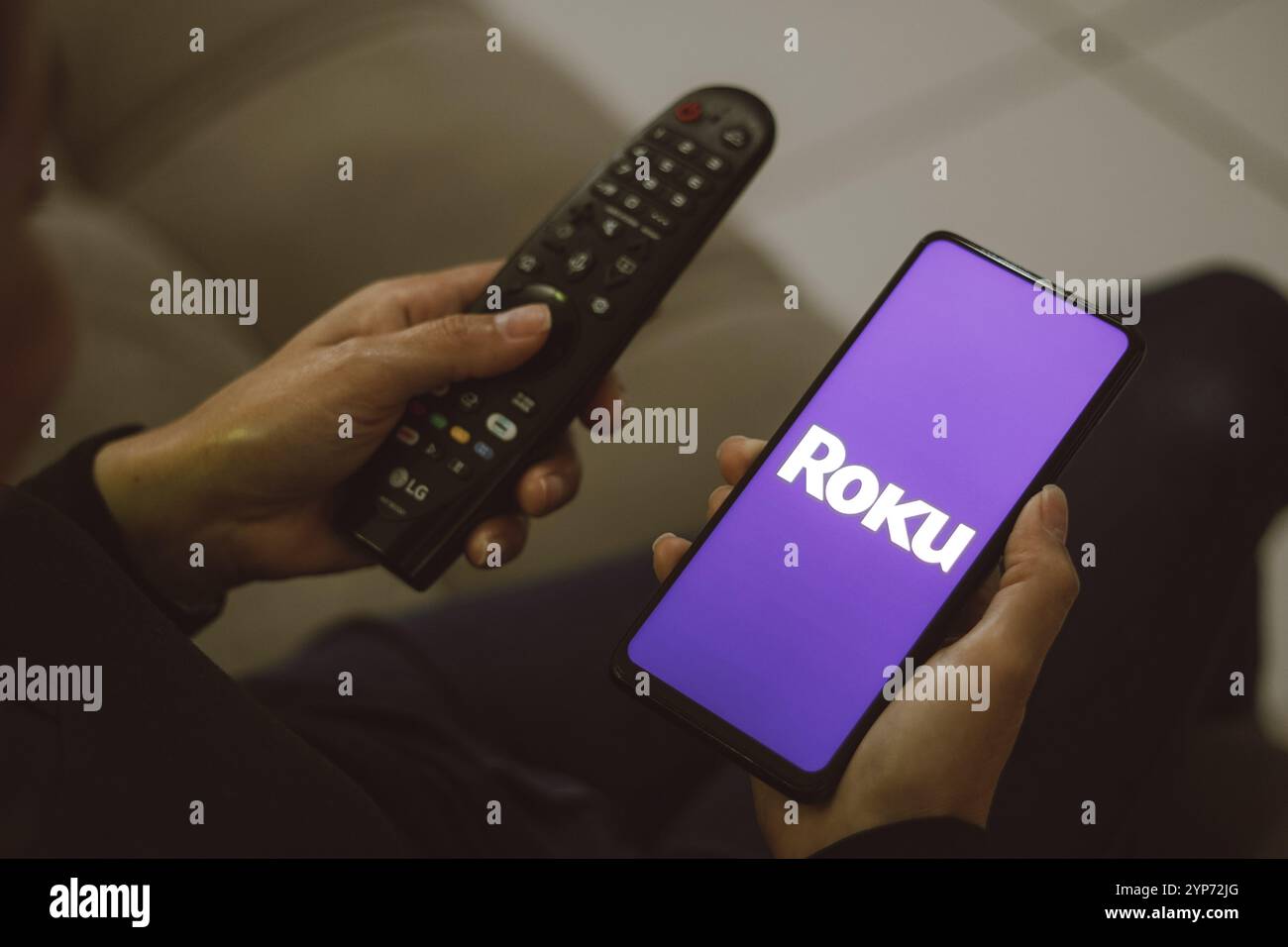 In this photo illustration, the Roku logo seen displayed on a ...