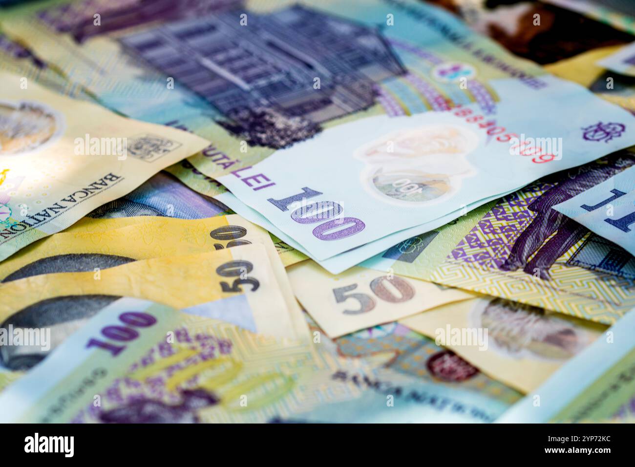 LEI money banknotes, detail photo of RON. Romanian currency Stock Photo ...