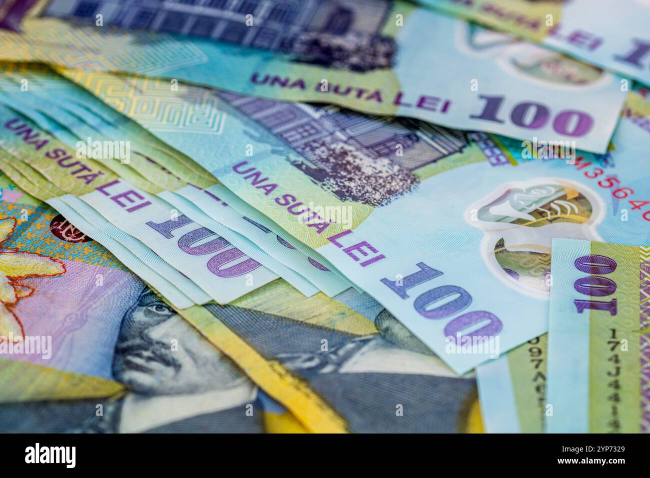 LEI money banknotes, detail photo of RON. Romanian currency Stock Photo ...