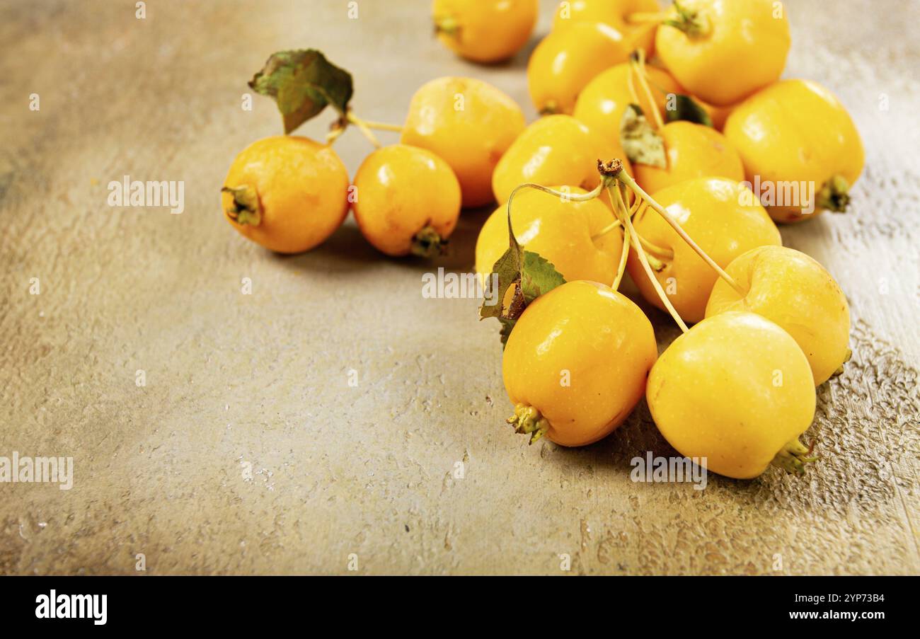 Yellow small apples, Chinese variety, scattered on the table, top view ...