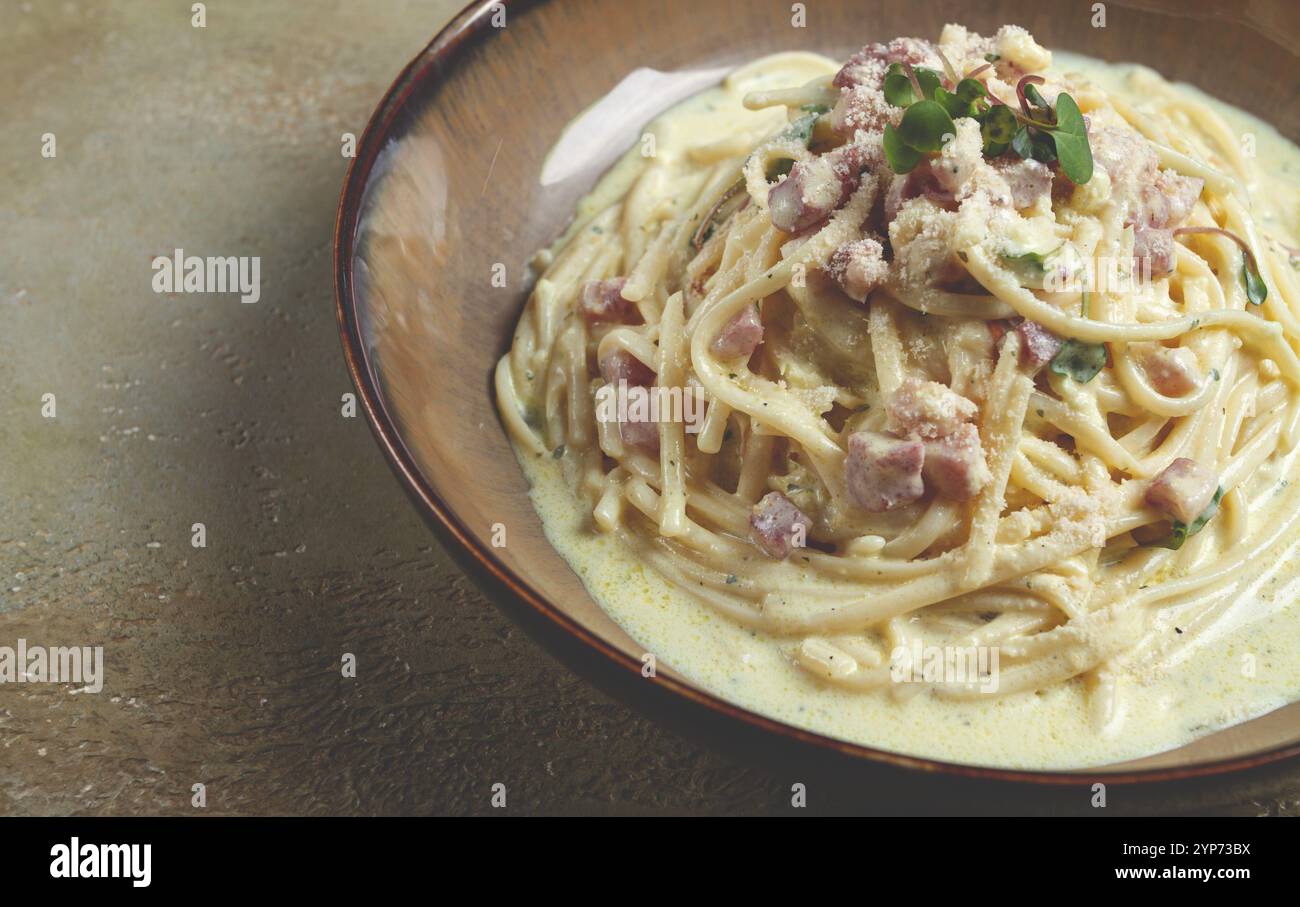 Spaghetti carbonara, spaghetti in cream sauce, with pancetta, homemade ...