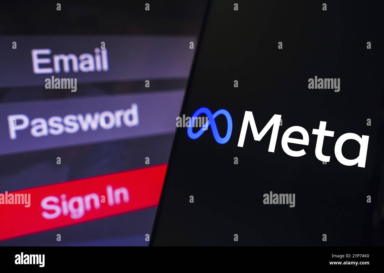In this photo illustration, the Meta Platforms logo is displayed on a ...